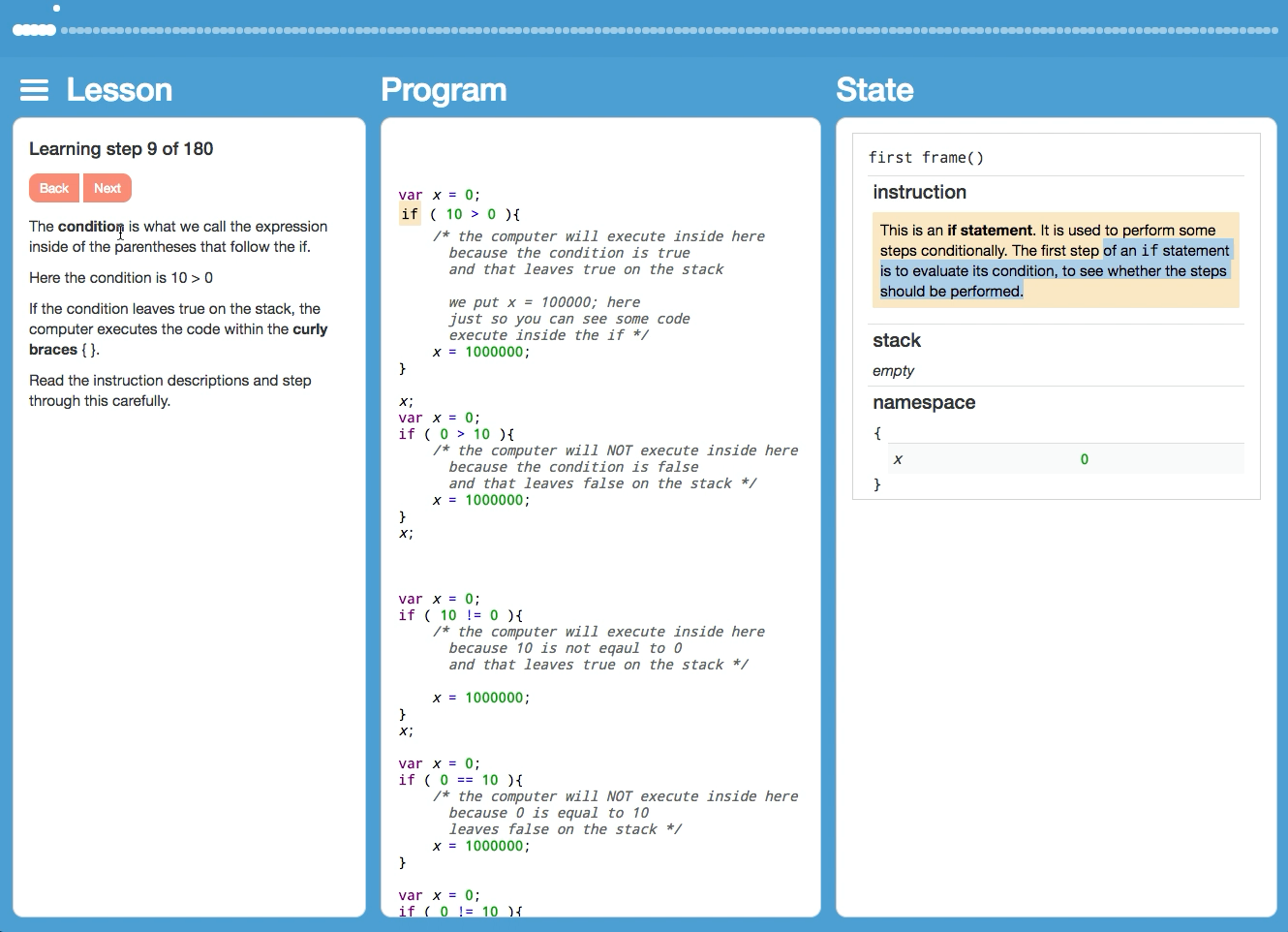 A screenshot of PLTutor, saying “Learning step 9 of 180”, “The ...